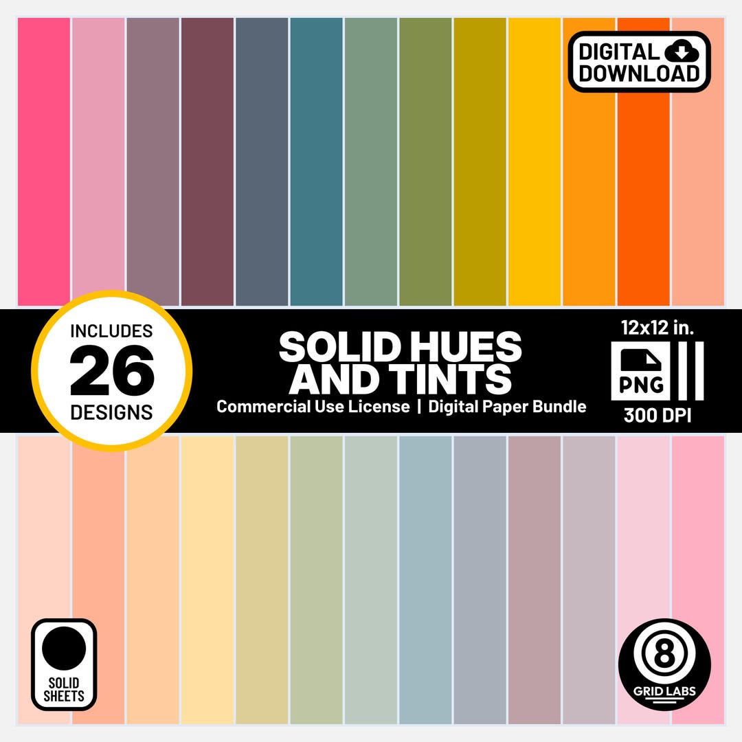Retro Rainbow Solid Color Digital Papers Commercial Use Hues and Tints ...