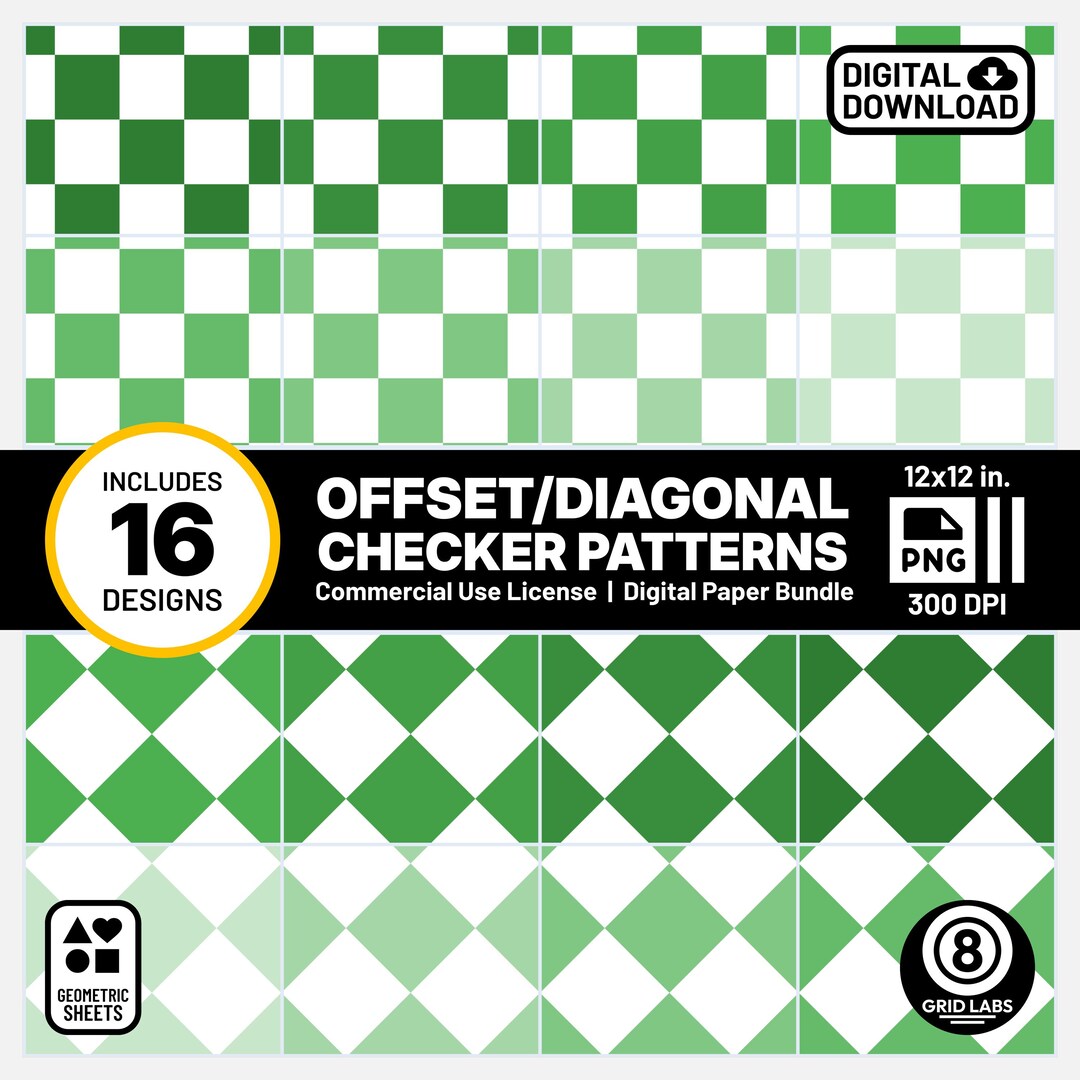 Bright Green Checkers 16 Geometric Digital Papers Tint Shade Pack ...