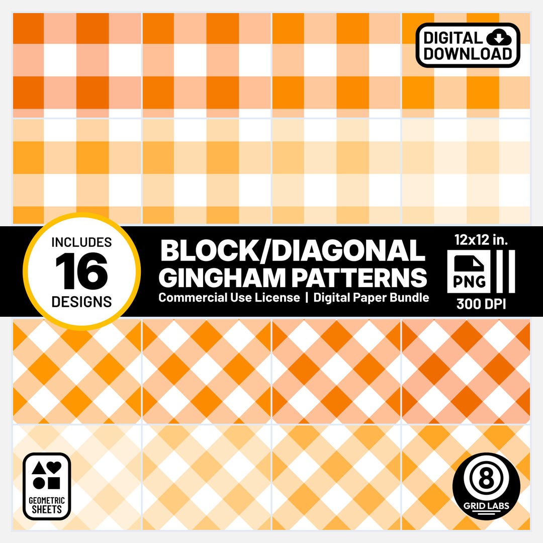 Orange Gingham Digital Papers Seamless Geometric Commercial Use Pngs ...