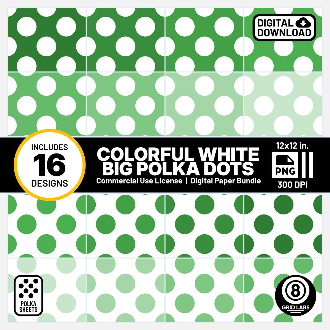 Bright Green Big Polka Dots Digital Papers 16 Pattern Pack Palette EGYS ...