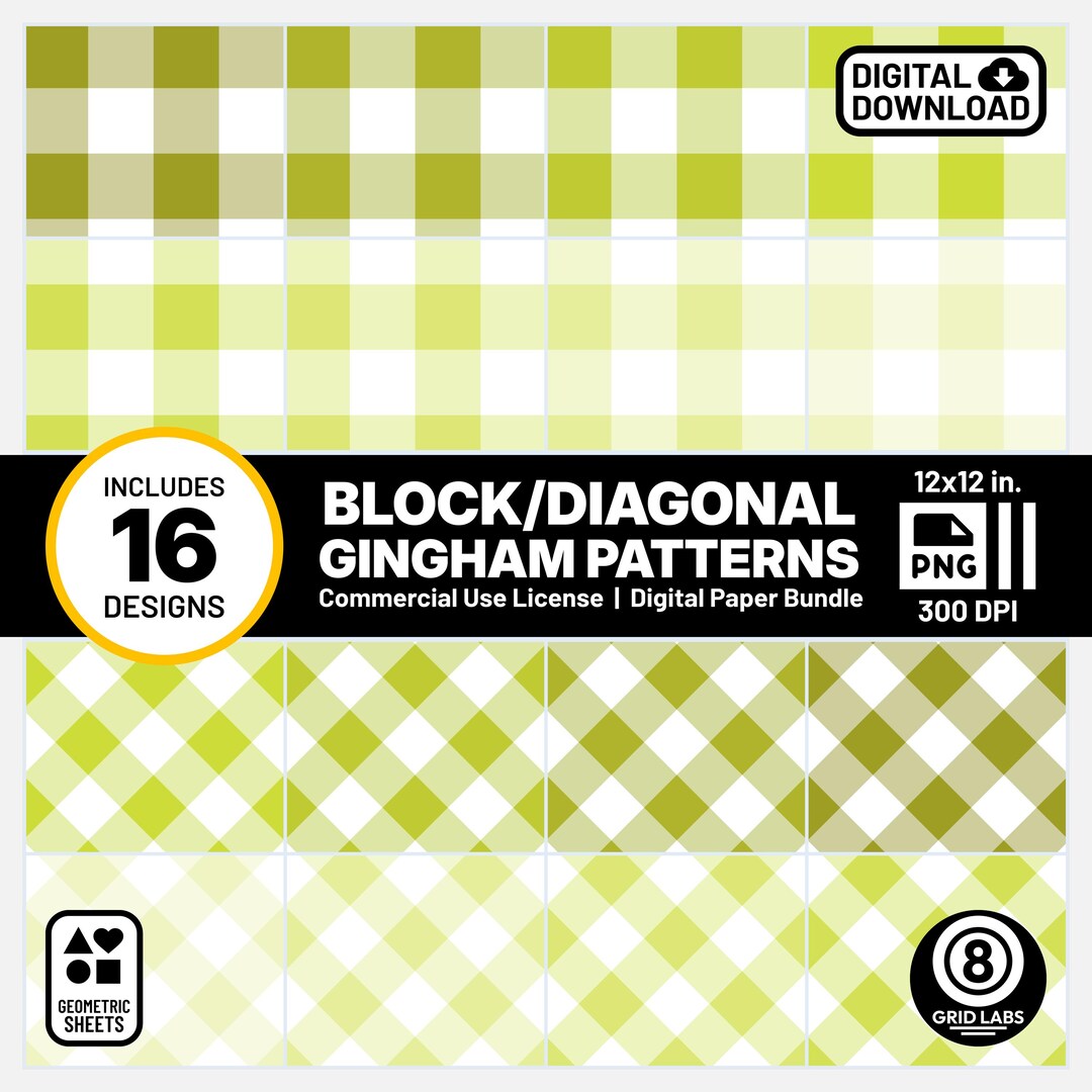 Bright Lime Green Diagonal Gingham 16 Geometric Digital Papers Tint ...