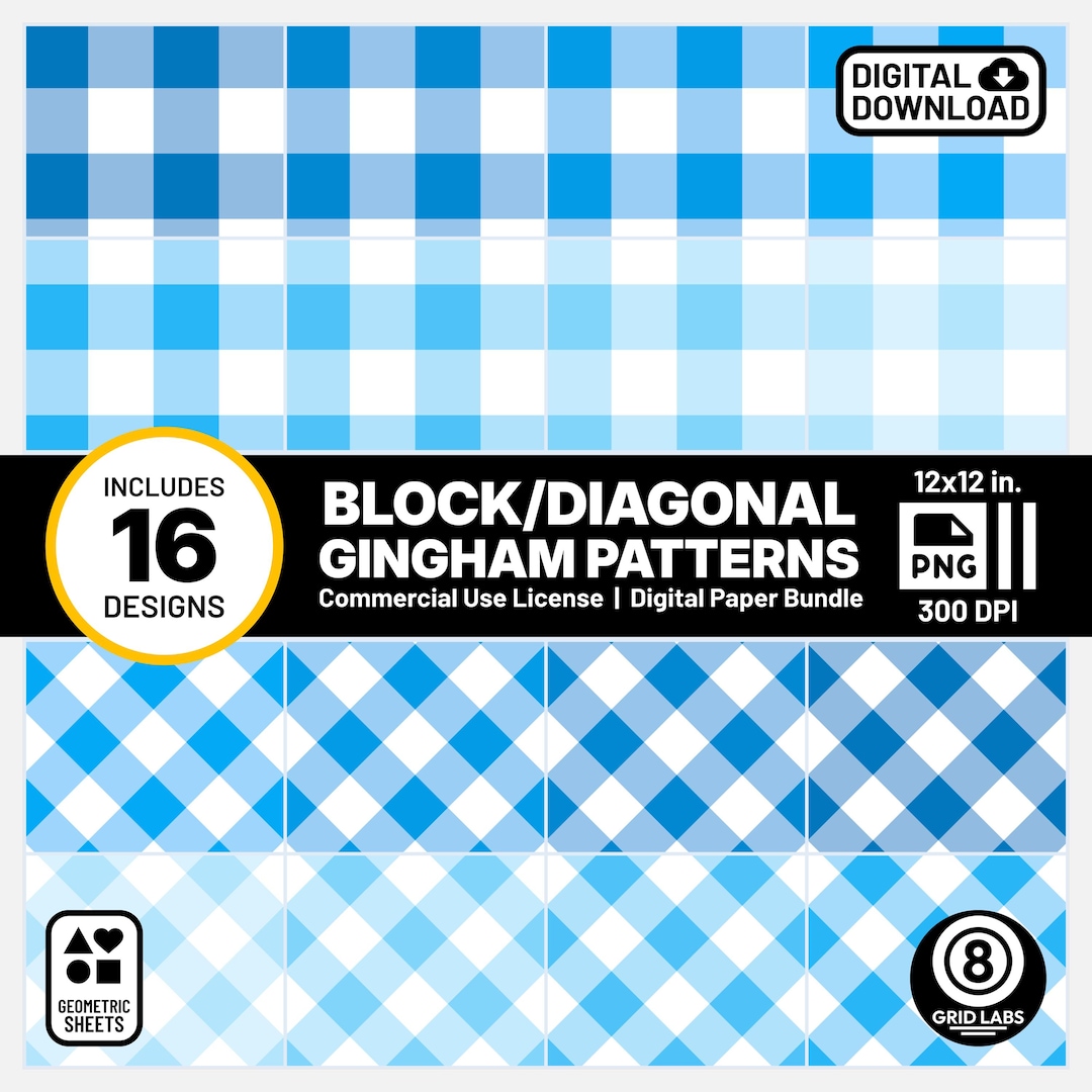 Light Blue Gingham Pattern Digital Papers Seamless PNG Bundle Bright ...