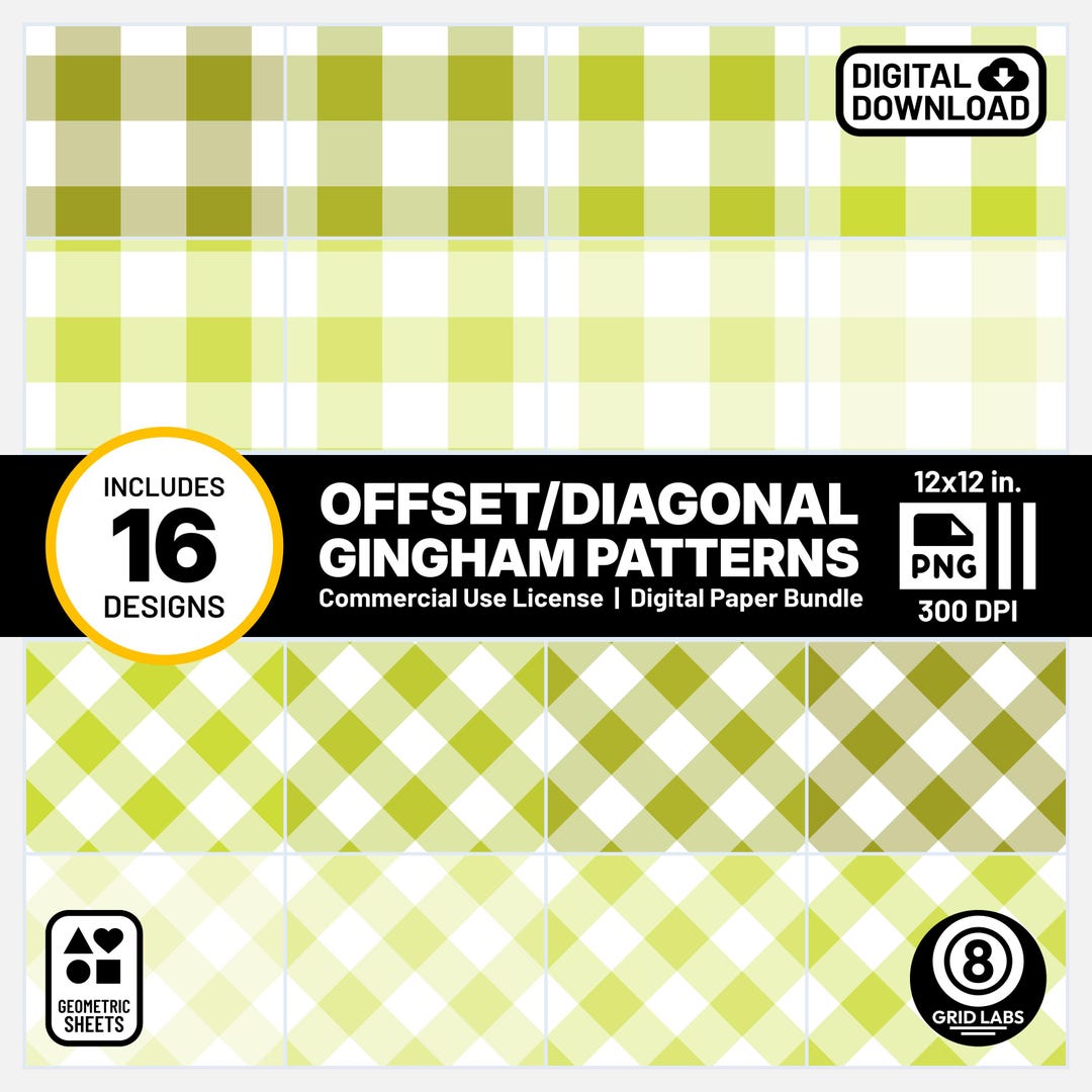 Bright Lime Green Gingham Digital Papers 16 Pattern Pack Palette 0DH8 ...