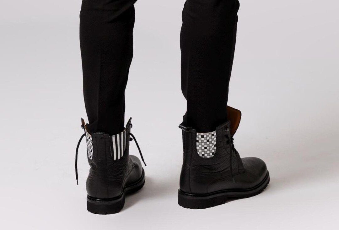 Leather Boots Handmade Unisex, Black & White Detail Printed on Satin ...