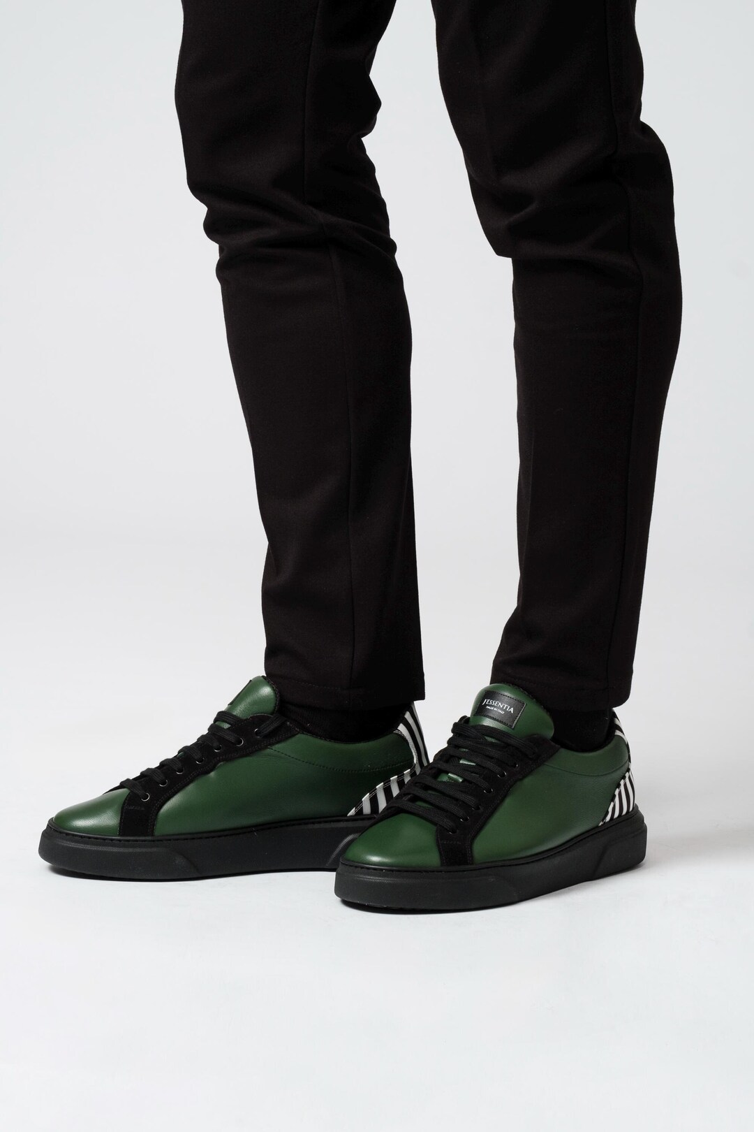 Men's True Leather SNEAKERS | Bottle Green Shoes With Black & White ...