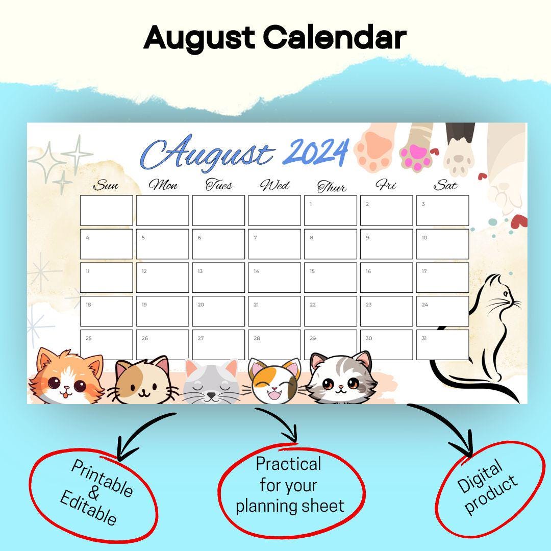 EDITABLE August 2024 Calendar Cat August Calendar 2024 - Etsy