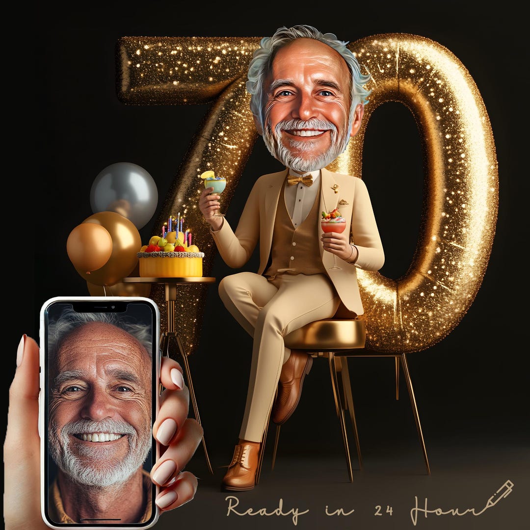 Custom 70th Birthday High-style Caricature Portrait - 70 Year Old Man ...