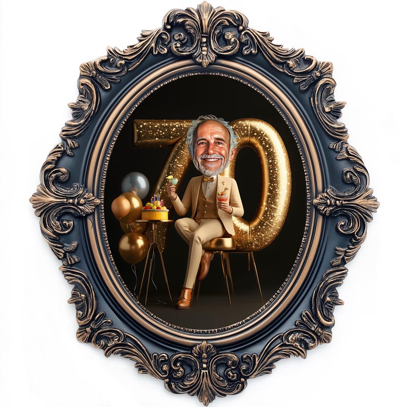 Custom 70th Birthday High-style Caricature Portrait - 70 Year Old Man ...