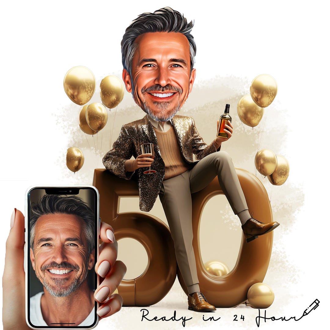 Custom 50th Birthday High-style Caricature Portrait - 50 Year Old Man ...