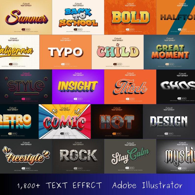 1800 Illustrator Text Styles & Effects Editable 3D Vector Designs ...