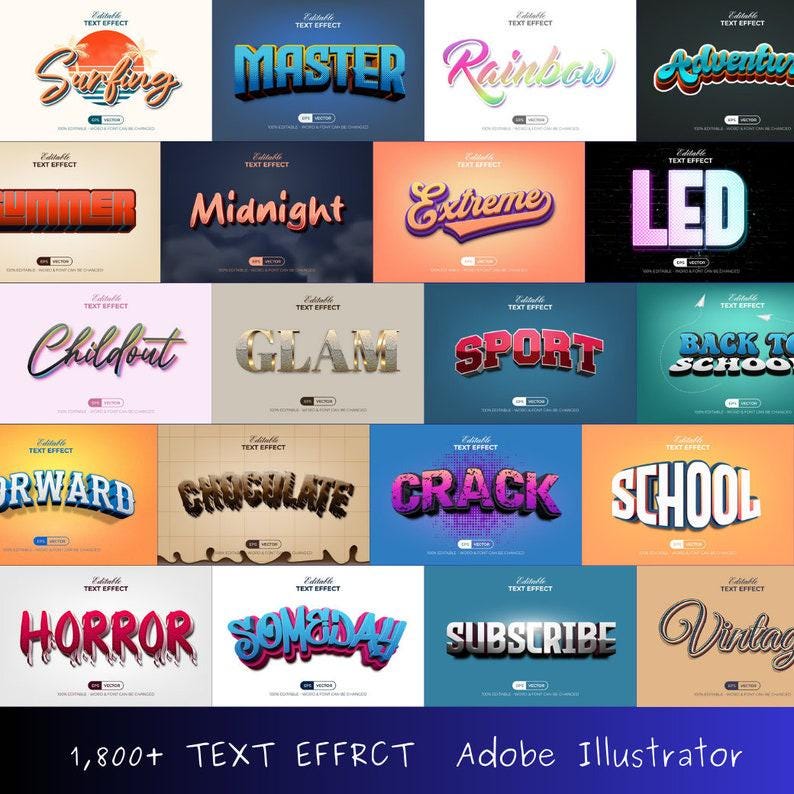 1800 Illustrator Text Styles & Effects Editable 3D Vector Designs ...
