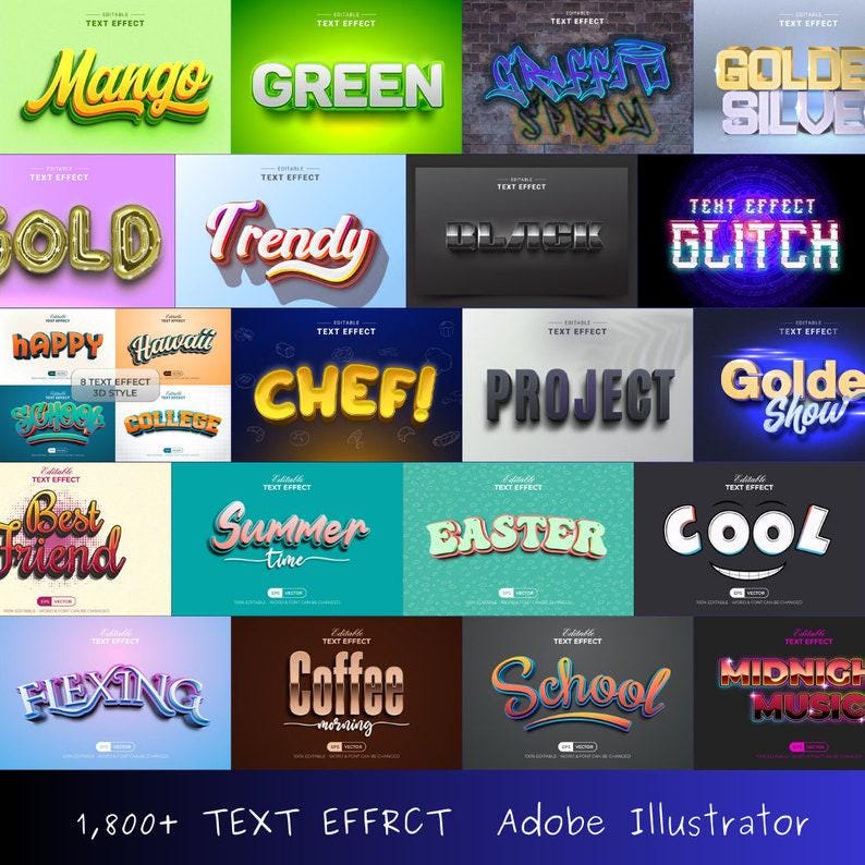 1800 Illustrator Text Styles & Effects Editable 3D Vector Designs ...