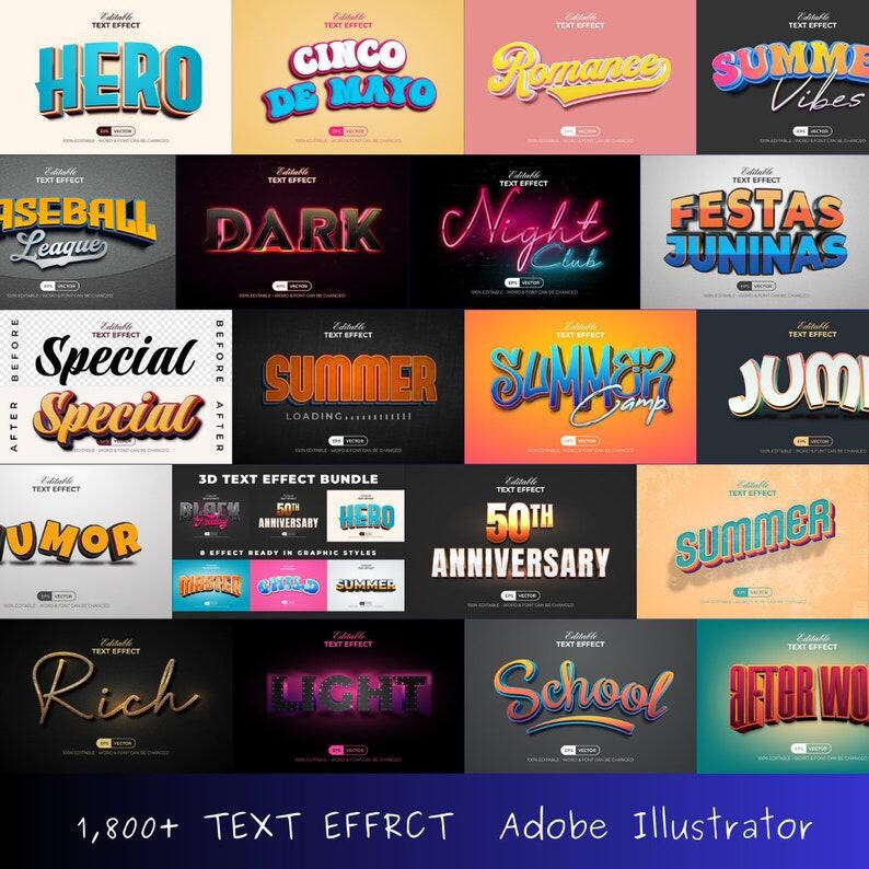 1800 Illustrator Text Styles & Effects Editable 3D Vector Designs ...