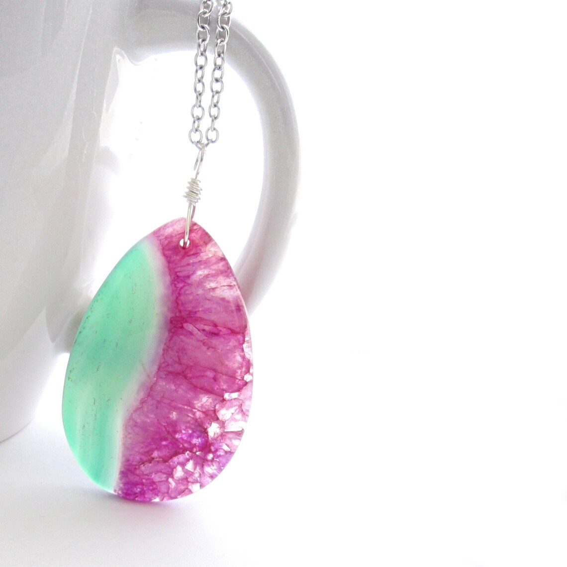 Watermelon Agate Geode Pendant Unique Pink & Green Stone - Etsy