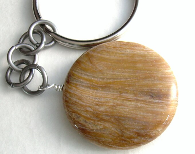 Petrified Wood Keychain, Genuine Fossil, Round Agate Stone, Geology Key ...