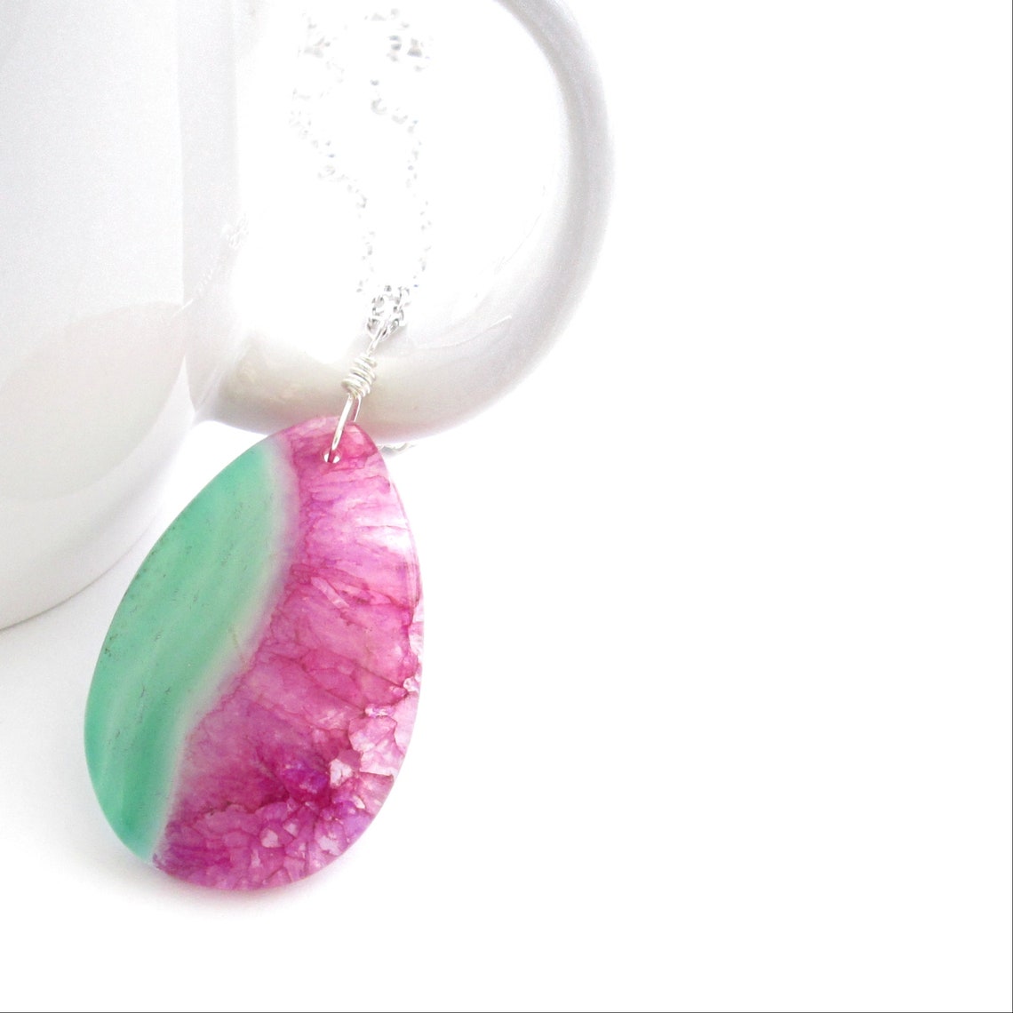 Watermelon Agate Geode Pendant Unique Pink & Green Stone - Etsy