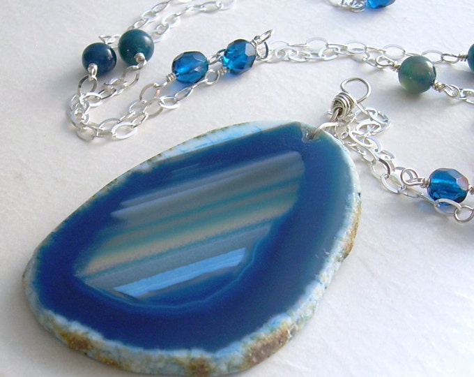 Striped Blue Agate Necklace, Cerulean Semi Precious Gemstone Jewelry - Etsy