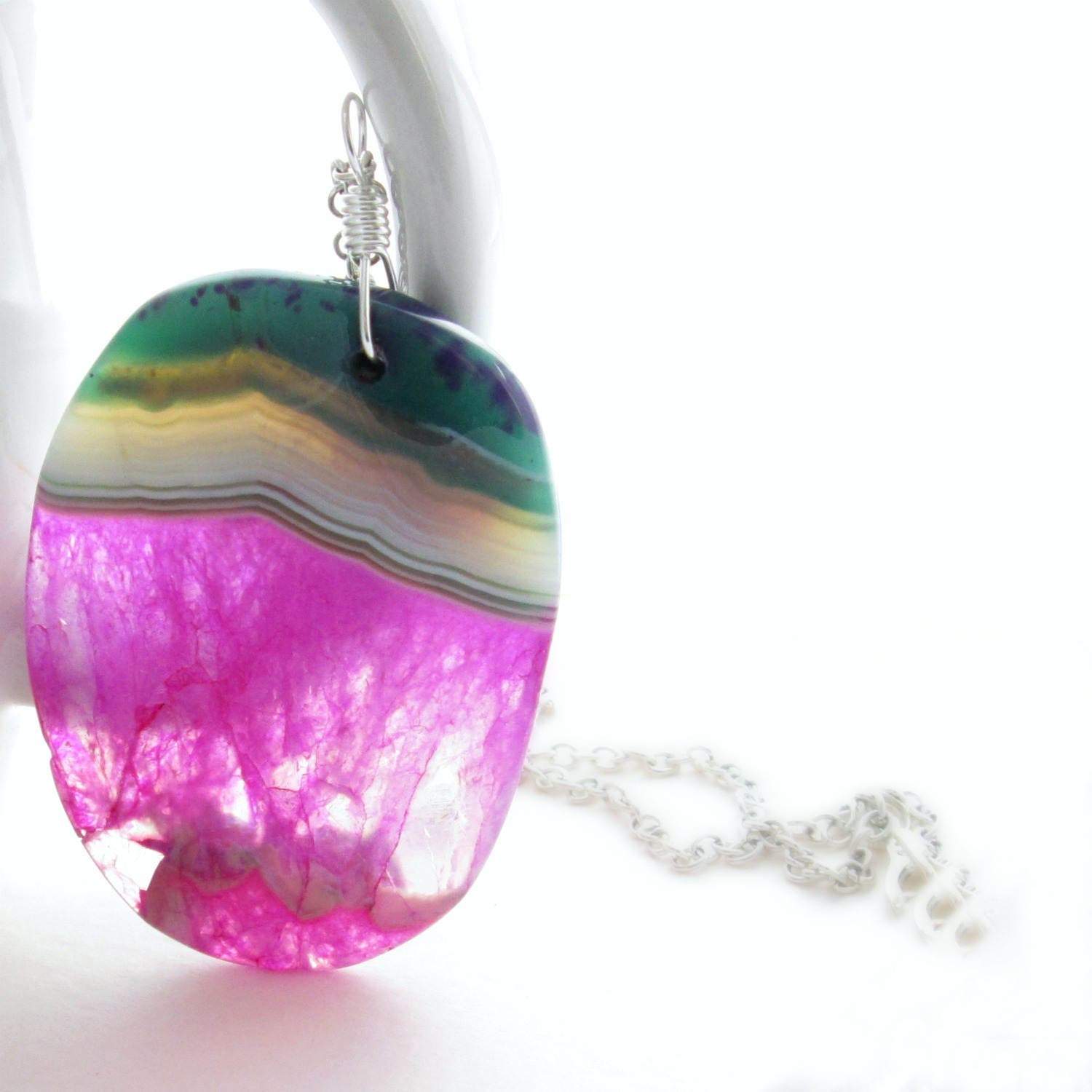 Watermelon Agate Geode Pendant Unique Pink & Green Stone | Etsy