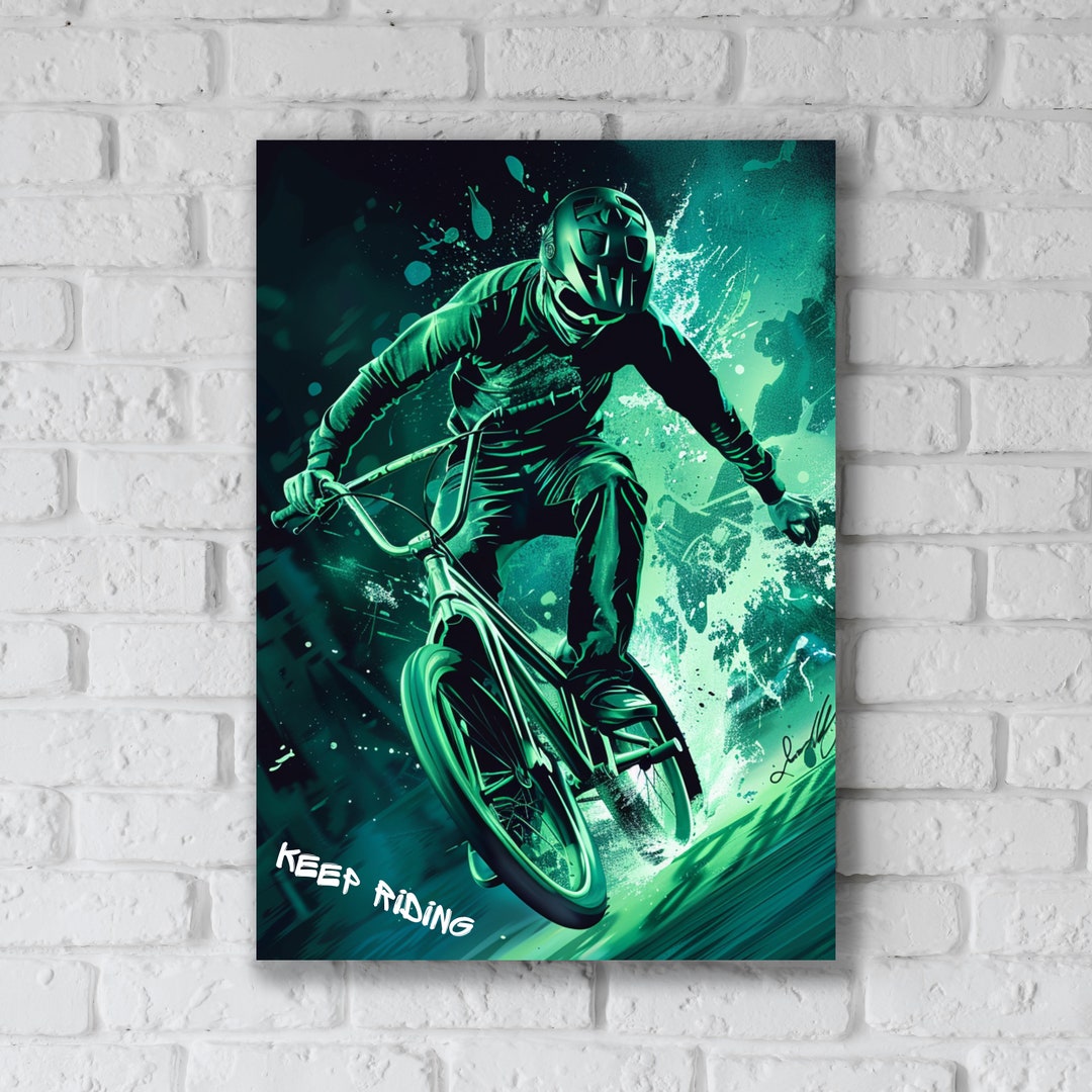 Green Biker Poster, Biker Wall Art, Riding A BMX Poster - Etsy