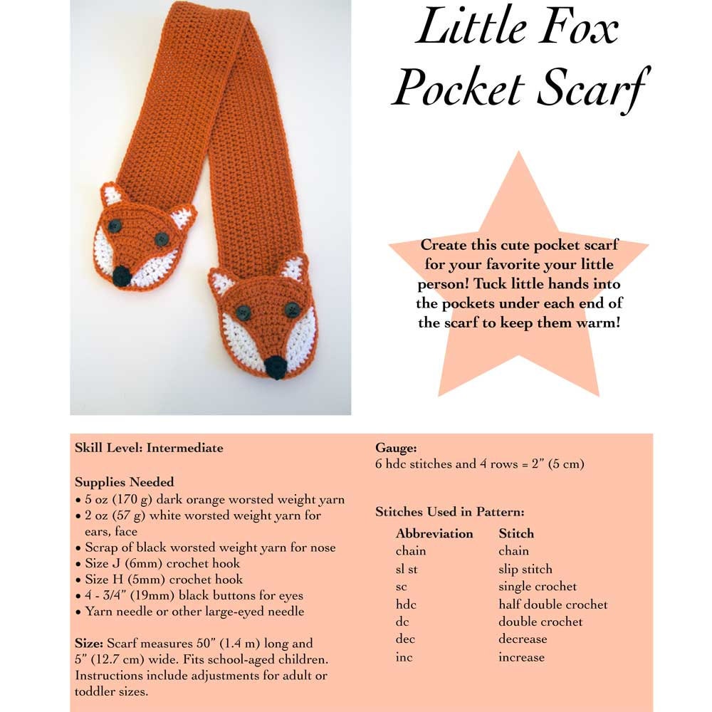 Fox Crochet Pocket Scarf Pattern: Kids Animal Scarf (PDF Download) - Etsy
