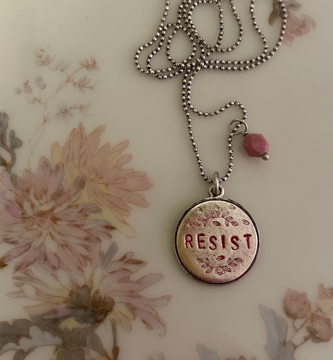 RESIST Necklace / Mini Charm / Silver and Pink Floral Version With ...