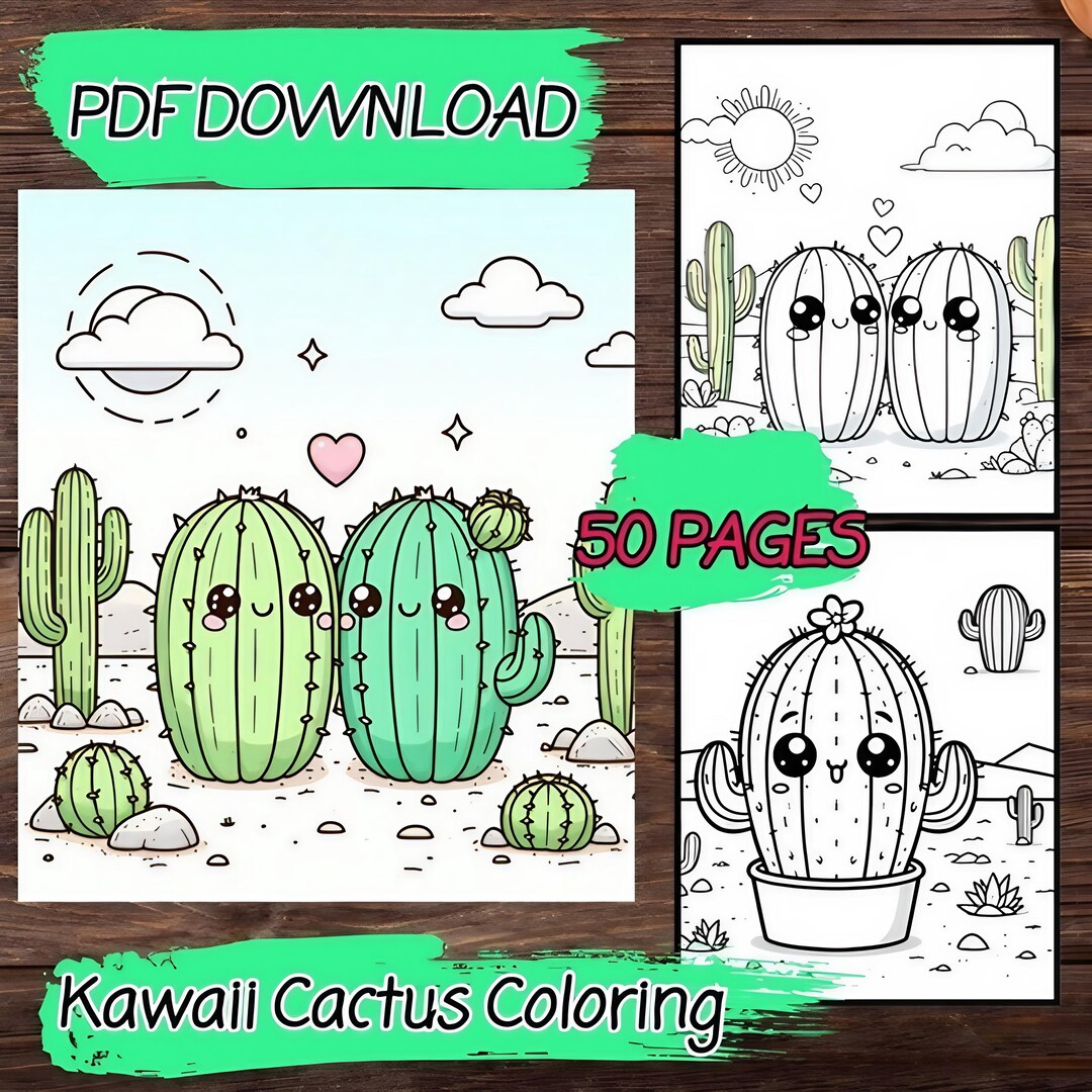 50 Pages Kawaii Cactus Coloring Book | Cute Potted Plants to Color ...