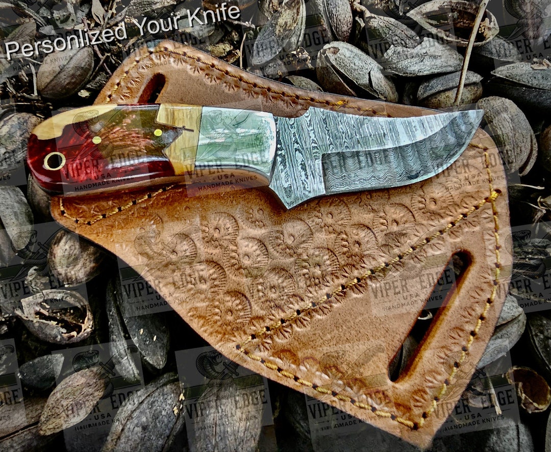 Handmade Damascus Cowboy Knife: Personalized Bull Cutter With Leather ...