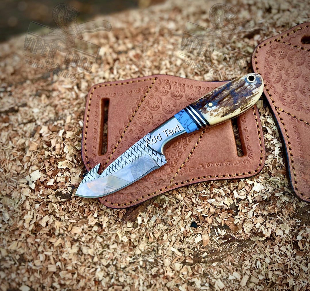 Handmade Cowboy Gut Hook Knife: Turquoise Stag Horn Handle With Leather ...
