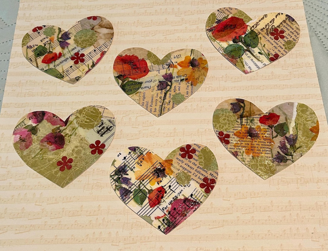 Decoupage Hearts, Embellishment, Gift Package Topper, Mixed Media, Junk ...