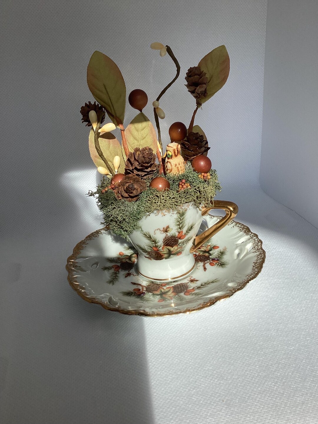 Tea Cup & Saucer Fall Autumn Fairy Garden W/owl Miniature Arrangement ...
