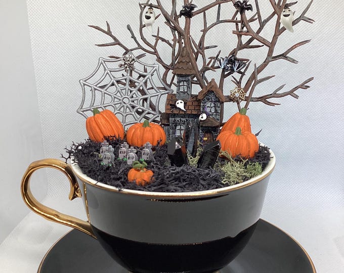 Tea Cup & Saucer Halloween Spooky Fall Autumn Fairy Garden Miniature ...