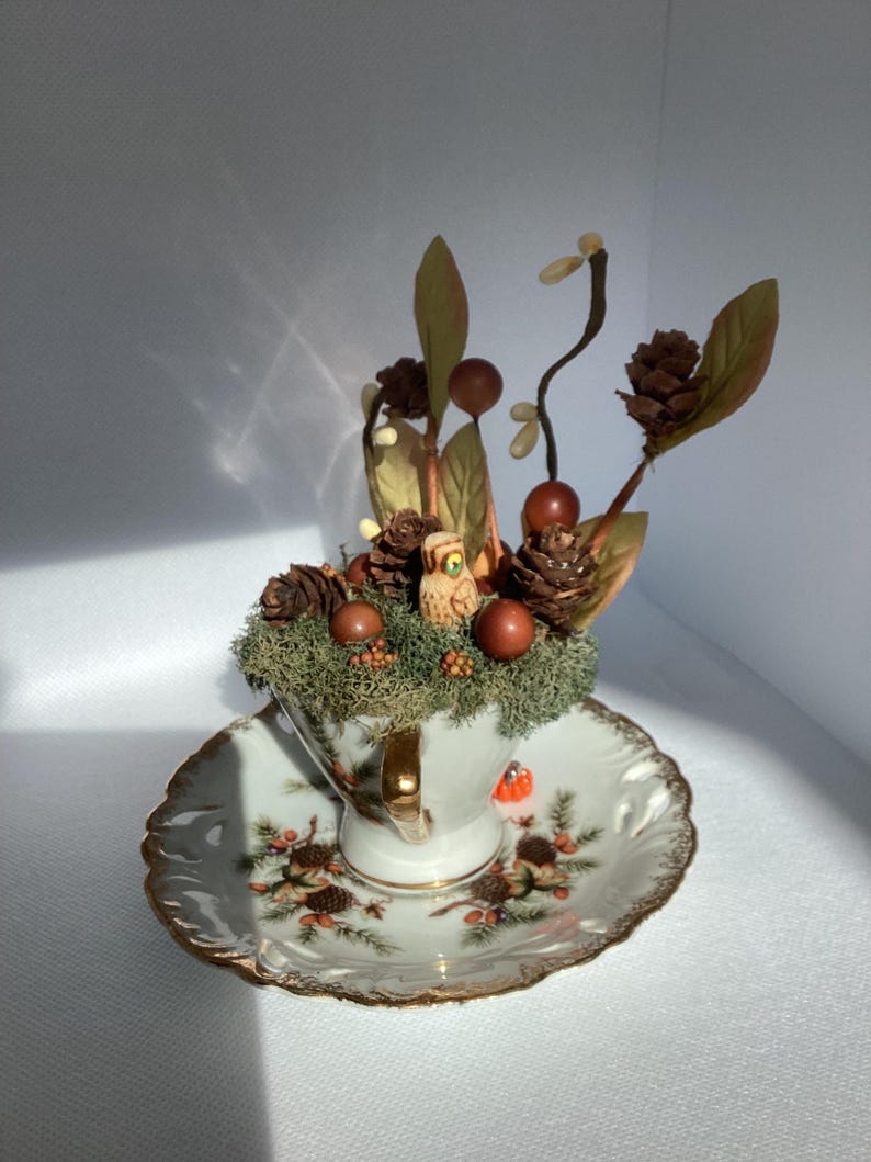 Tea Cup & Saucer Fall Autumn Fairy Garden W/owl Miniature Arrangement ...