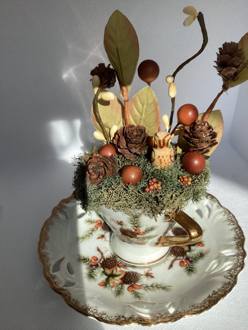 Tea Cup & Saucer Fall Autumn Fairy Garden W/owl Miniature Arrangement ...
