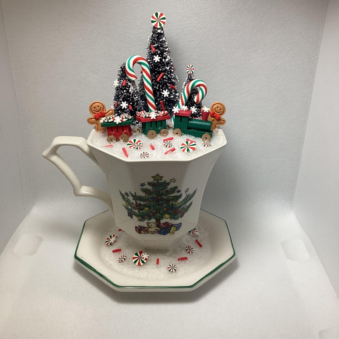 Tea Cup Christmas Train Themed Fairy Garden Miniature Arrangement ...