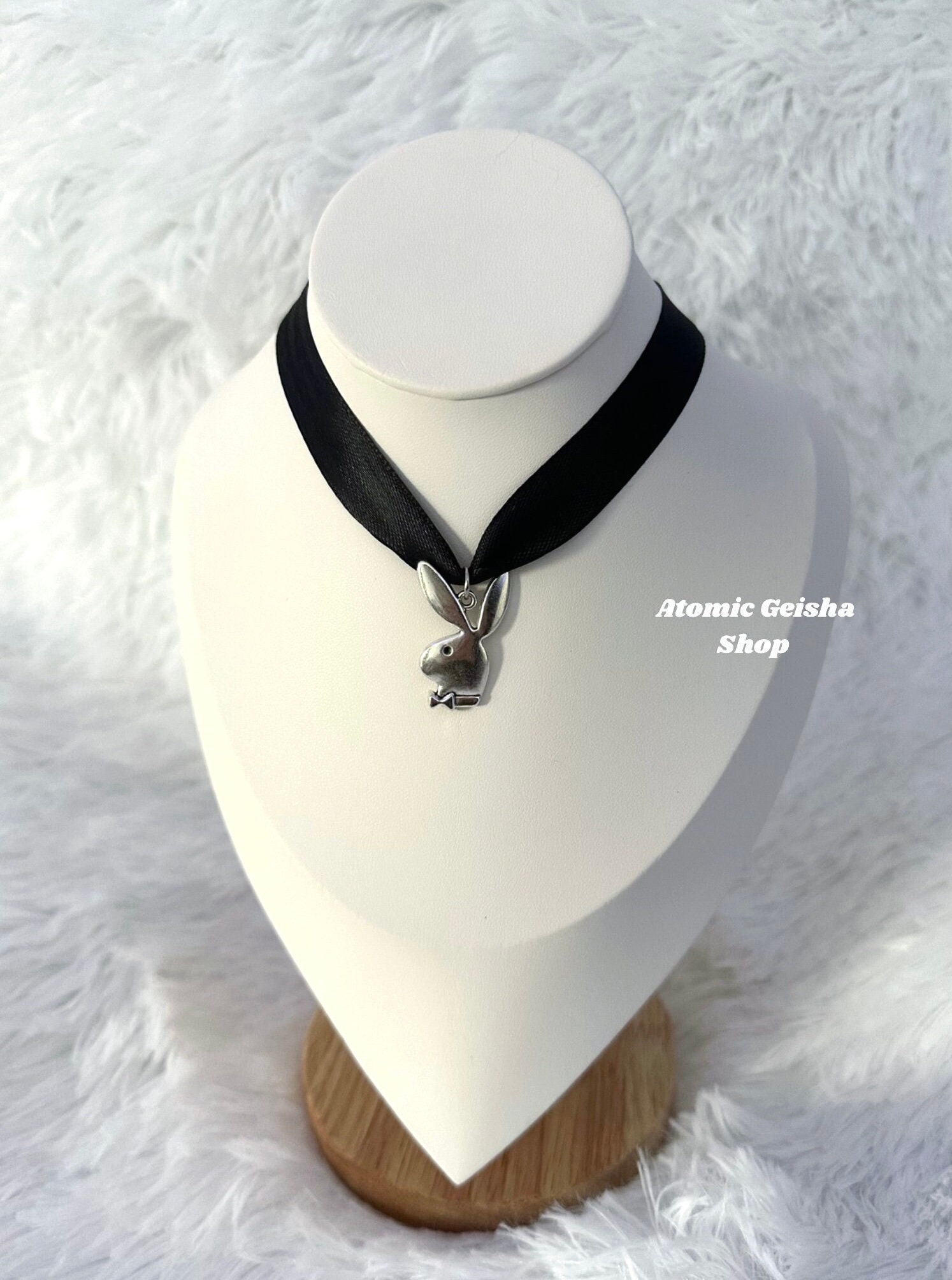 Black Playboy Choker Satin Silver Bunny Necklace Y2K Bowknot Etsy