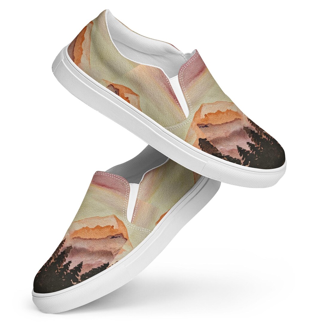 Men’s Canvas Shoes - Watercolor Mountain Scene Design Slip-on Shoe ...