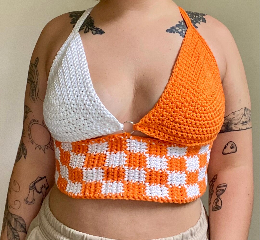 Orange&white Checkered Bralette - Handmade Crochet Bralette Orange and White - College Gameday ...