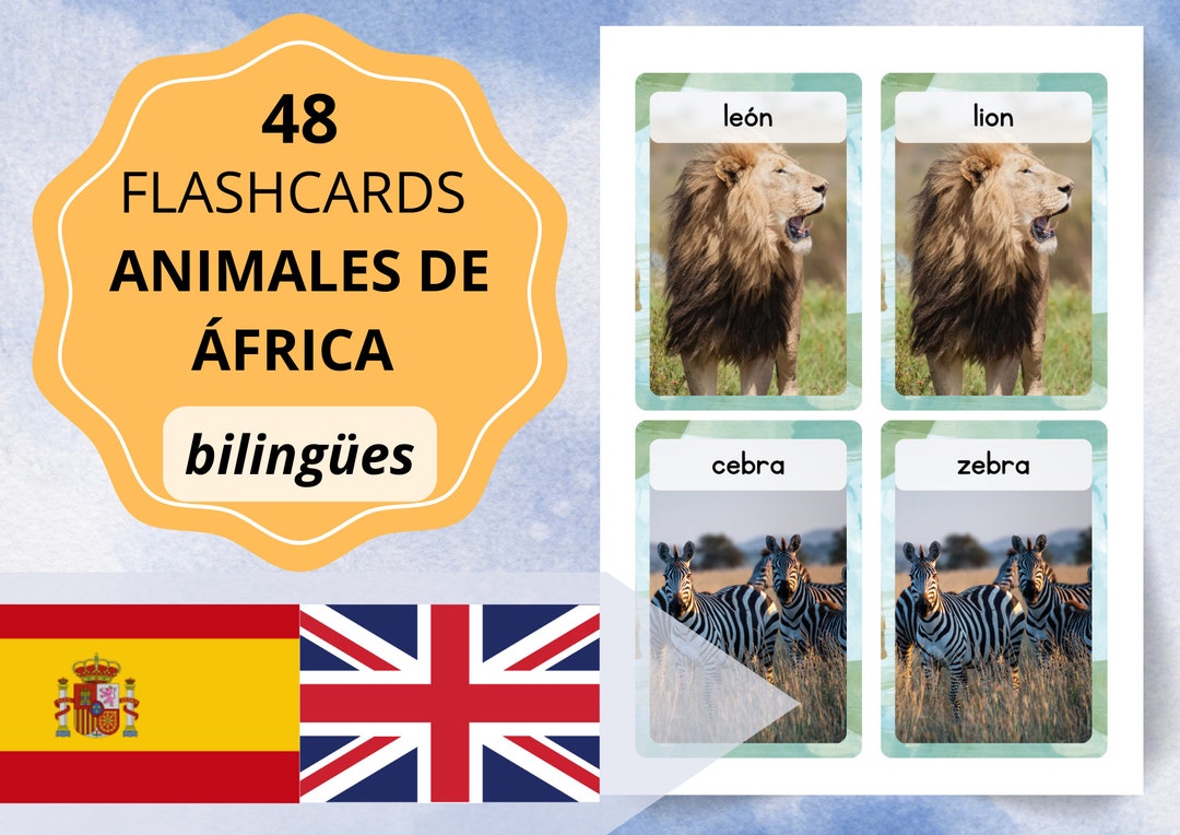BILINGUAL AFRICA ANIMALS Flashcards spanish-english, Flashcards ...