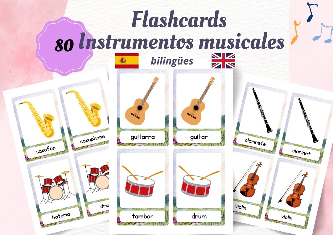Bilingual MUSICAL INSTRUMENTS Flashcards spanish-english, Flashcards ...