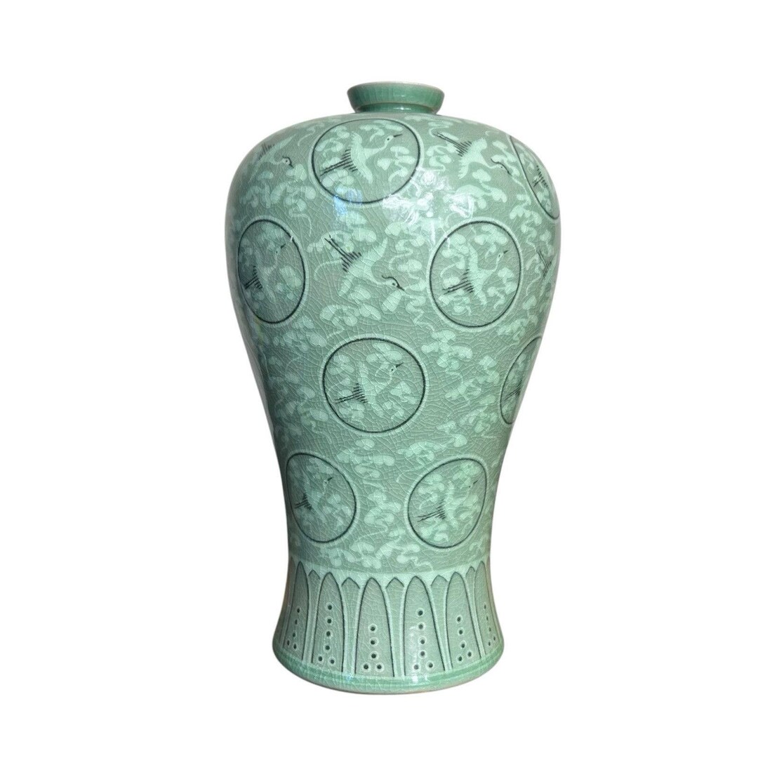 Korean Celadon Glaze Prunus Vase Inlaid Clouds/ Cranes Green Decorative ...