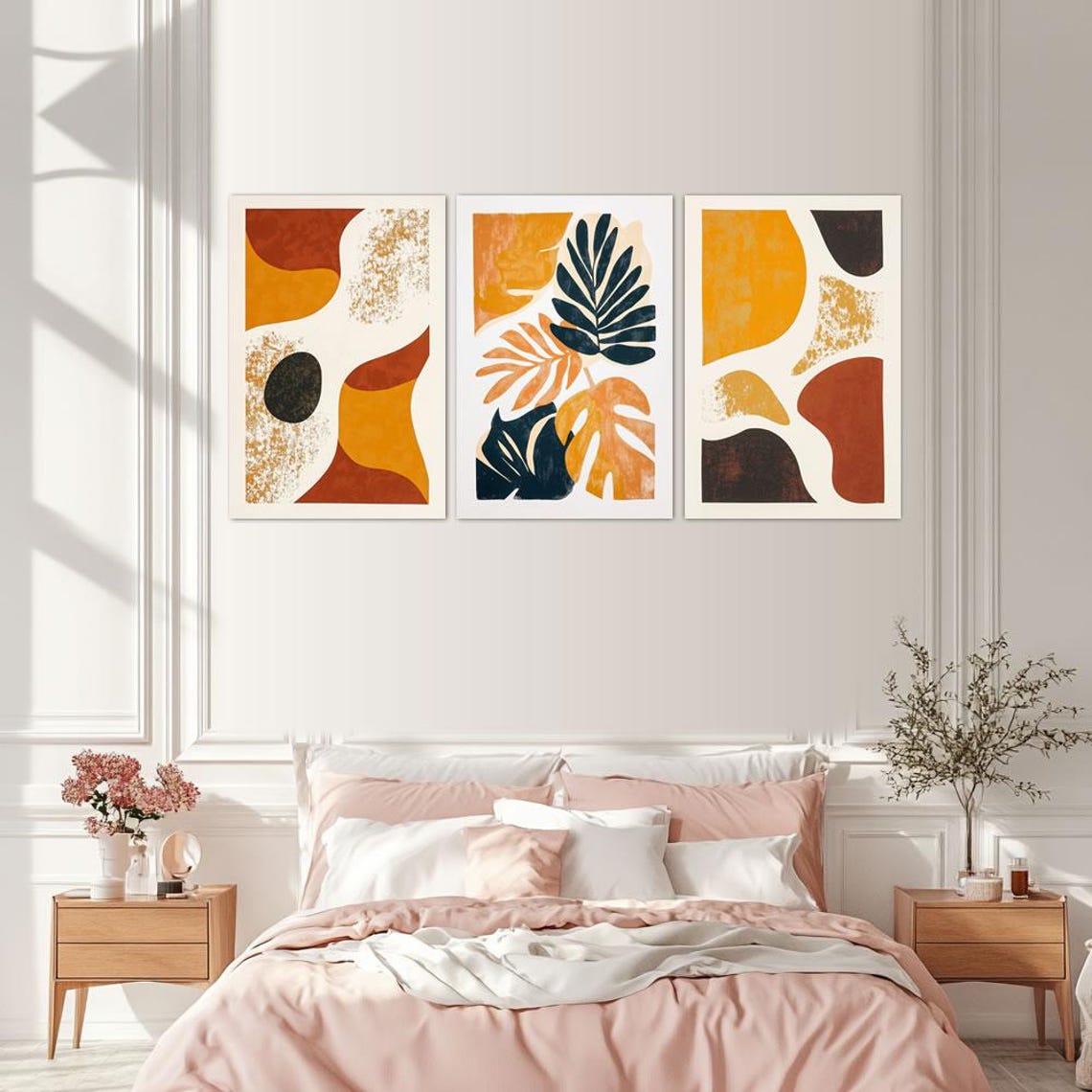 3PC Set Leaves and Colorful Blocks - Framed Canvas Wall Art, Modern ...