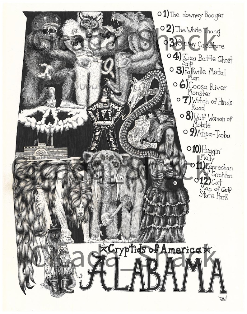 Cryptids of Alabama Map Art Print, Cryptid Wall Art, Monster Poster - Etsy