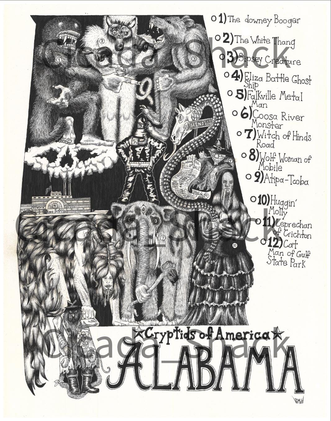 Cryptids of Alabama Map Art Print, Cryptid Wall Art, Monster Poster - Etsy