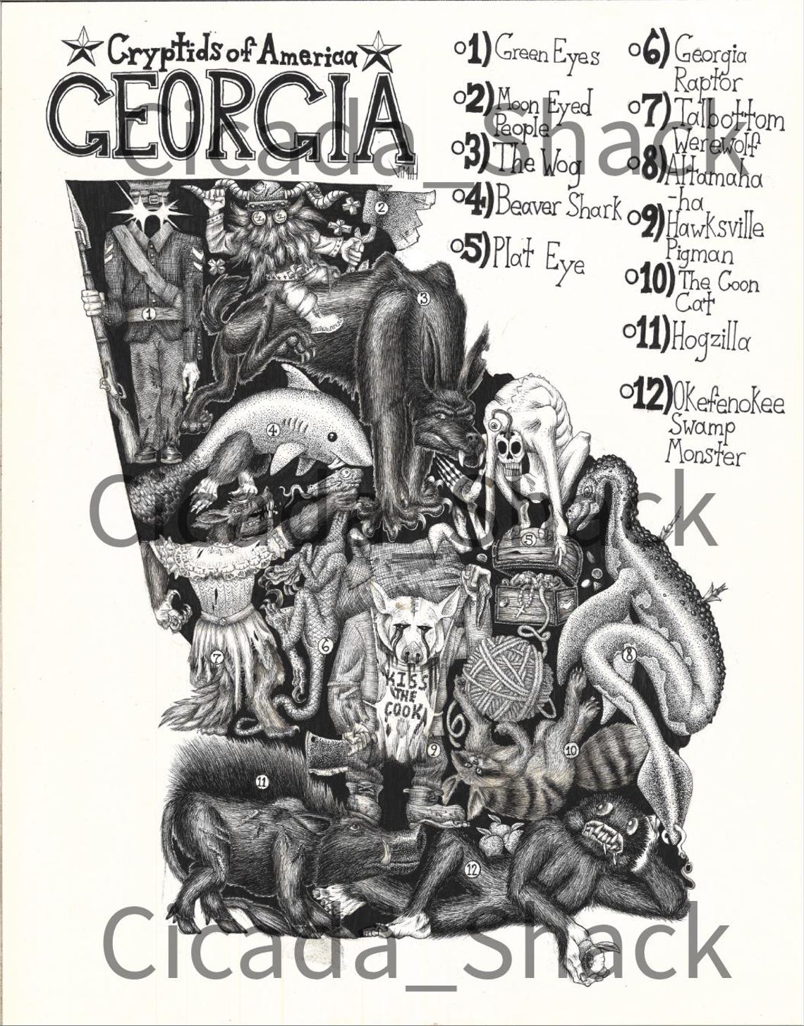 Monsters of Georgia Map Art Print - Etsy
