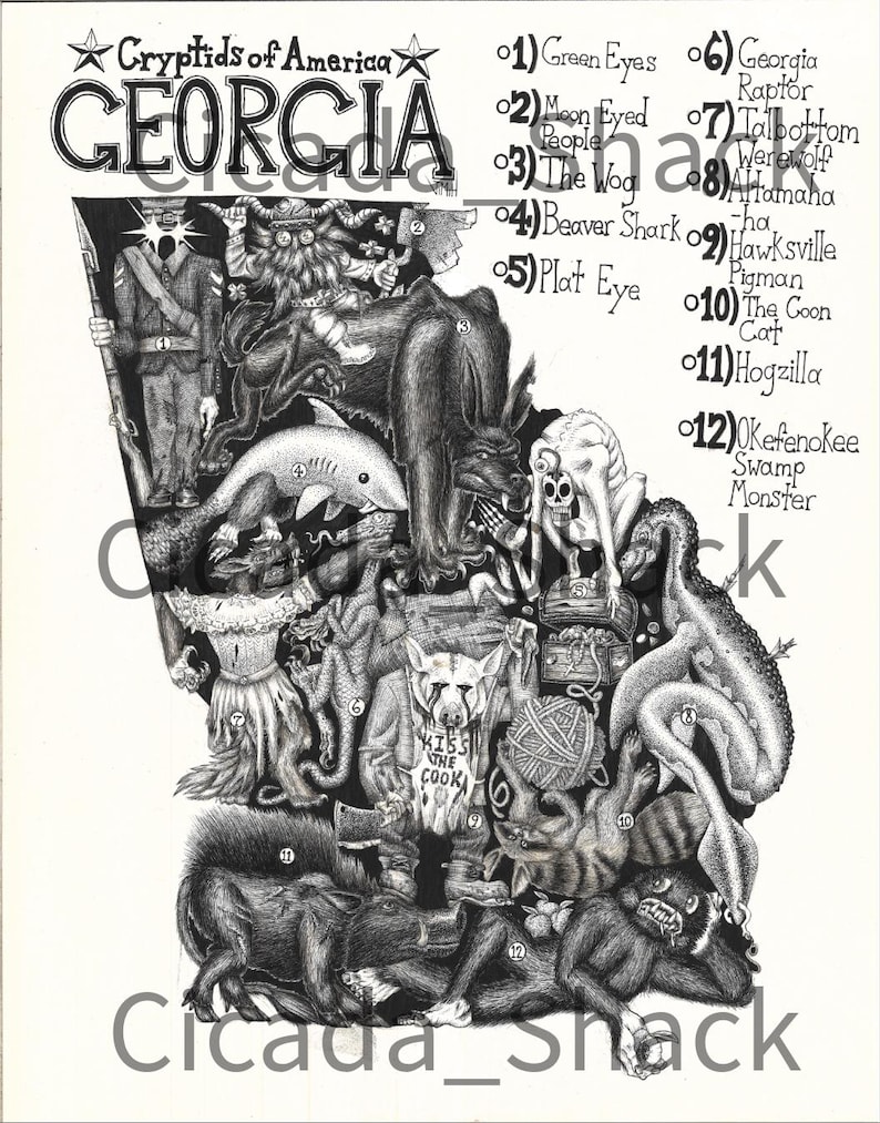 Cryptids of Georgia Map Art Print, Cryptid Wall Art, Monster Poster - Etsy