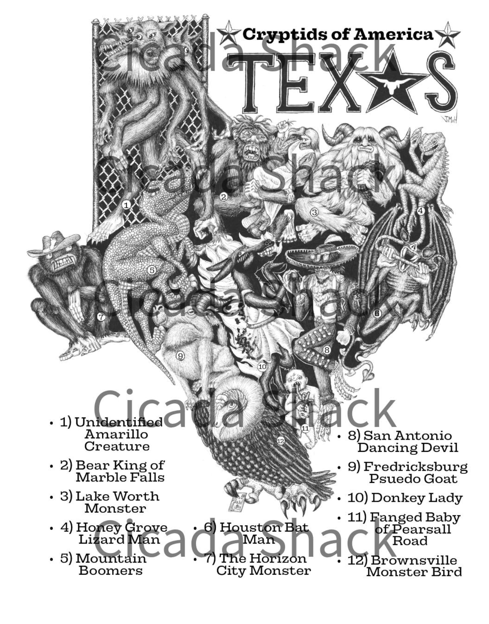 Cryptids of Texas Map Art Print, Cryptid Wall Art, Monster Poster - Etsy