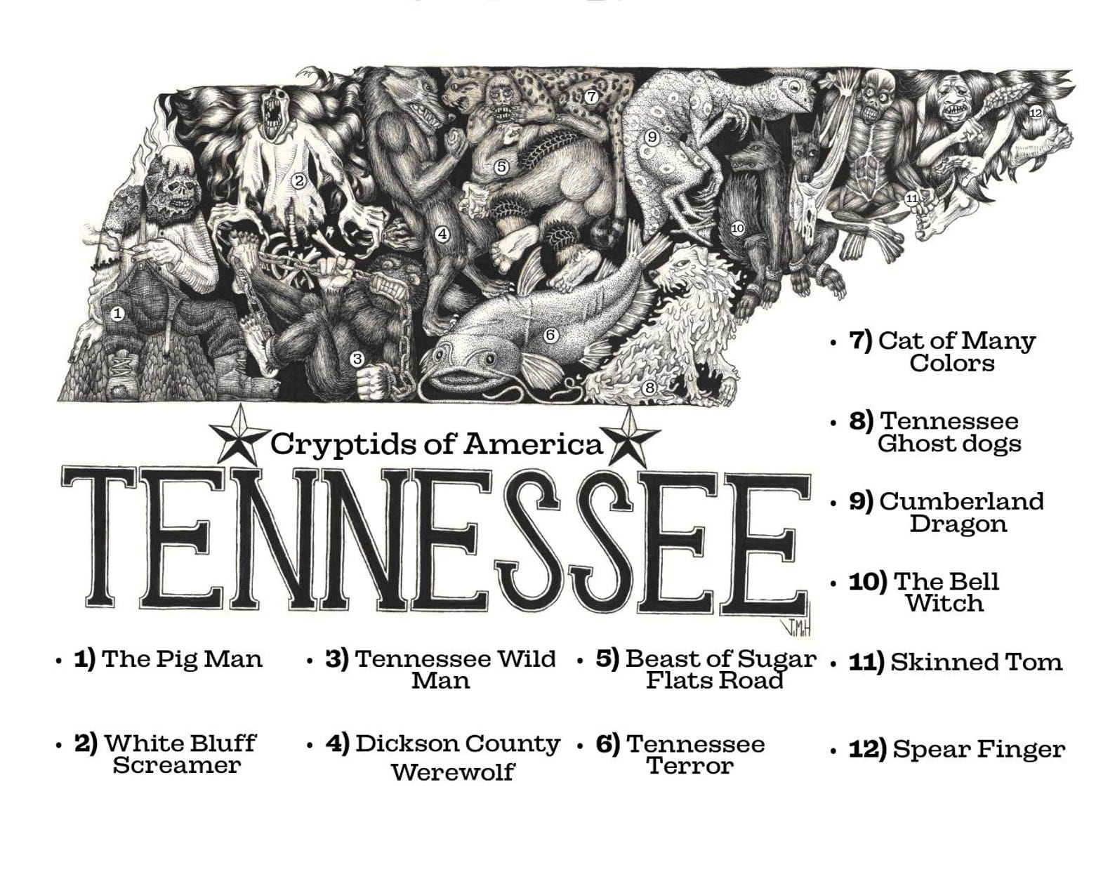 Cryptids of Tennessee Map Art Print, Cryptid Wall Art, Monster Poster ...