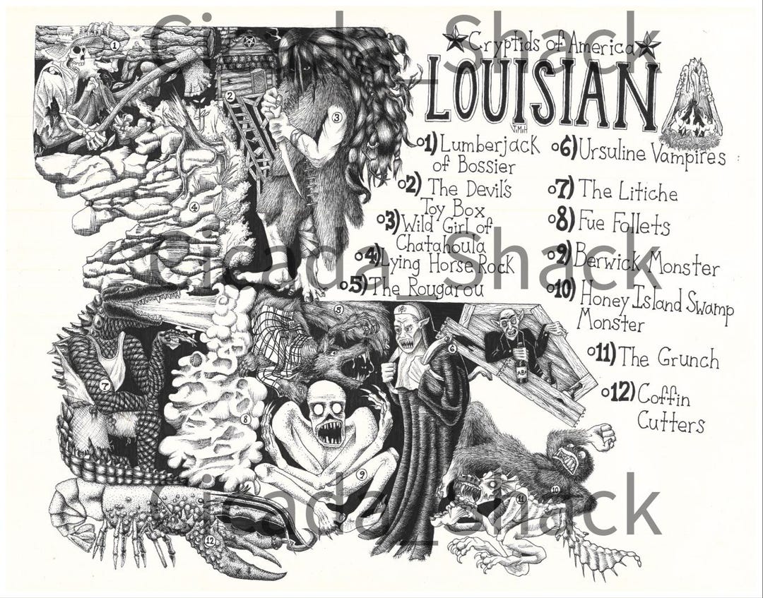 Cryptids of Louisiana Map Art Print, Cryptid Wall Art, Monster Poster ...