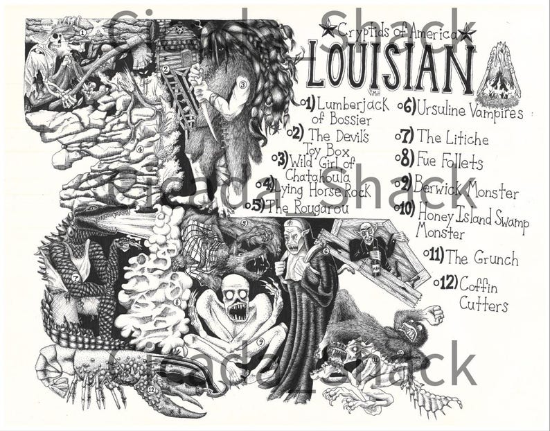Cryptids of Louisiana Map Art Print, Cryptid Wall Art, Monster Poster ...