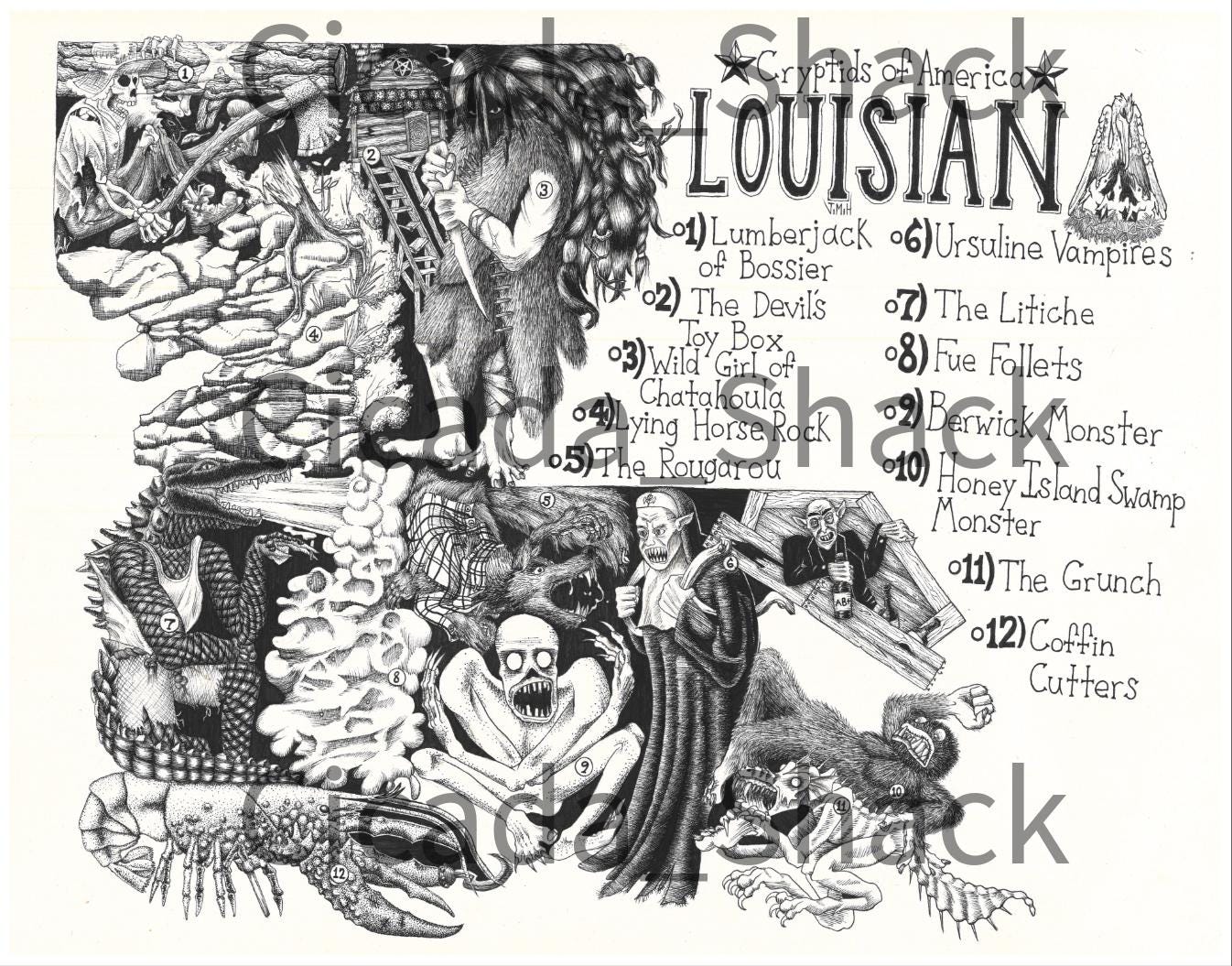 Cryptids of Louisiana Map Art Print, Cryptid Wall Art, Monster Poster ...